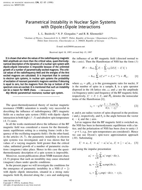 Pdf Parametrical Instability In Nuclear Spin Systems With Dipole