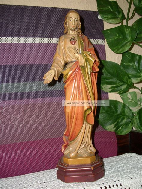 Holzfigur Heiligenfigur Jesus Christus Flammendes Herz Südtirol Bunt Geschnitzt