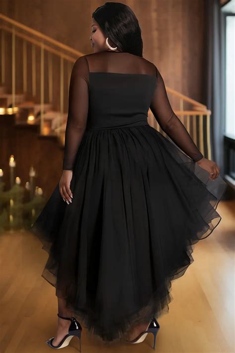 Xpluswear Design Plus Size Cocktail Party Black V Neck Long Sleeve High