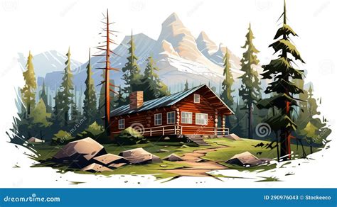 Pine Cabin In Western Natural Setting Vector Style Graphics Stock