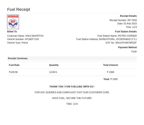 Fuel Bill Format Pdf