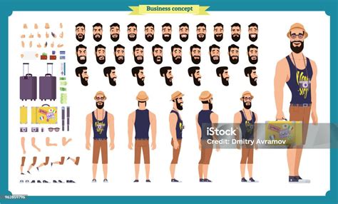 준비사용 문자 집합입니다 짐 함께 관광 남자입니다 다양 한 포즈 감정 실행 서 서 산책 대기 지도 Readingfront 후면 보기 절연 남성에 대한 스톡 벡터 아트 및