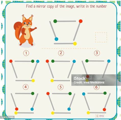 아이들을위한 논리 퍼즐 게임 그림의 올바른 미러 이미지 수를 선택하고 적어 둡니다 공간사고의 발전 개발에 대한 스톡 벡터 아트 및 기타 이미지 Istock
