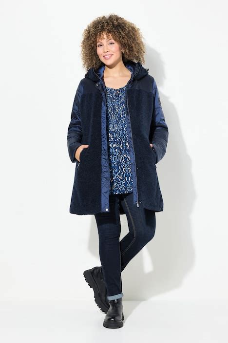 Mixed Texture Fleece Quilted Jacket Night Blue Ulla Popken