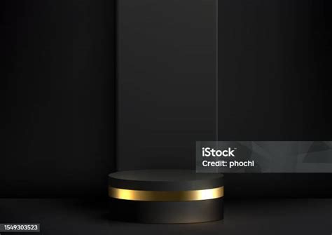 럭셔리한 인테리어 컨셉 3d 사실적인 검정색과 금색 연단 쇼케이스 벡터 일러스트레이터 모형 3차원 형태에 대한 스톡 벡터 아트 및 기타 이미지 Istock