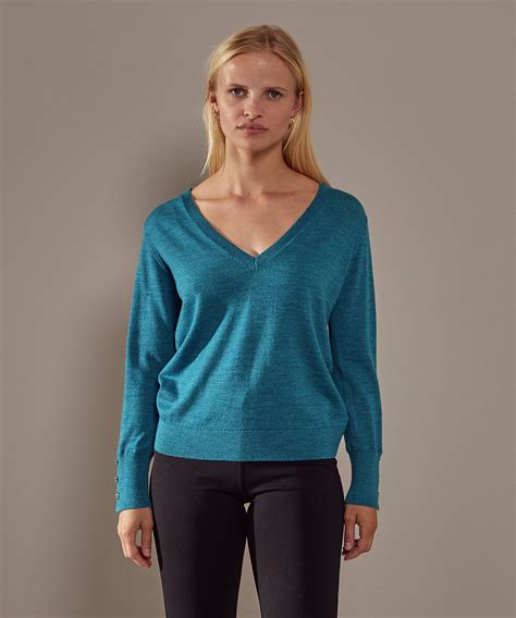 V Neck In Merino Wool Peacock Blue Rodier