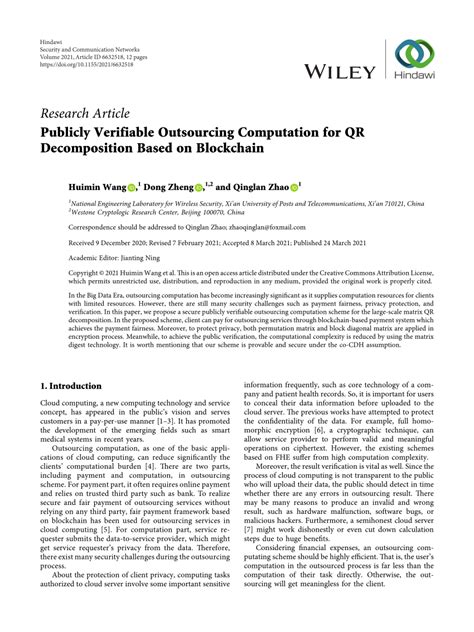 Pdf Publicly Verifiable Outsourcing Computation For Qr Decomposition Based On Blockchain