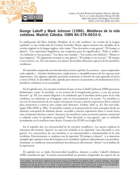 George Lakoff Y Mark Johnson 1986 Metaforas De La Pdf