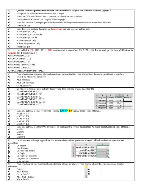 Qcm Excel Pdf Microsoft Excel Texte
