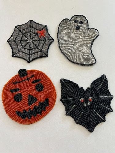 Pottery Barn Halloween Beaded Coasters Bat Pumpkin Ghost Spider Web Set