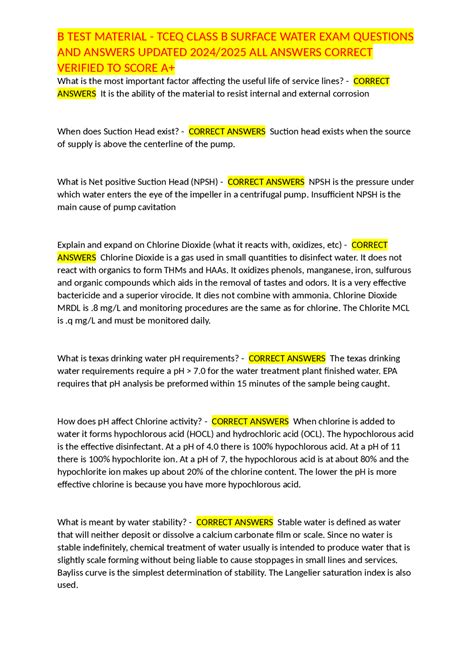 B Test Material Tceq Class B Surface Water Exam Questions And Answers