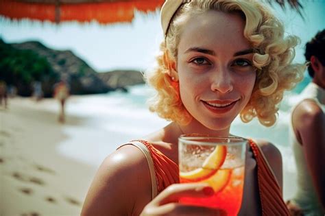 Uma Jovem Tomando Uma Bebida Na Praia Generative Ai Foto Premium
