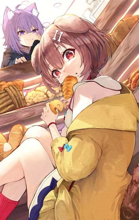 戌神ころね 猫又おかゆ 「『じーーーーっ』 できたてころね 絵かゆ」にゅちゃお仕事募集中のイラスト