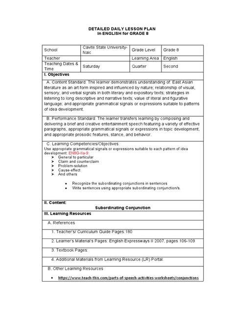 Detailed Daily Lesson Plan In English Fo Pdf Syntax Human