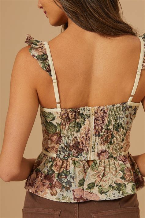 Floral Tapestry Corset Top In Brown Altard State Fancy Tops