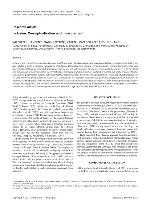 Pdf Inclusion Conceptualization And Measurement