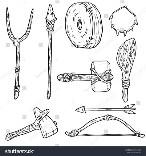 Set Cave Prehistoric Man Spear Hunting Stock Vector Royalty Free