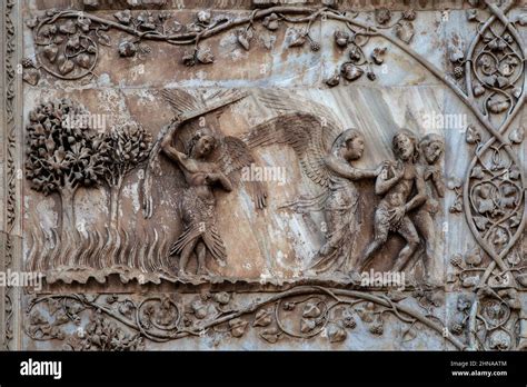 Angels Expel Adam And Eve From Paradise In Italian Gothic Marble Bas