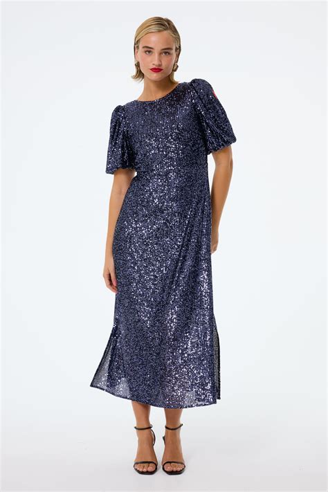 navy sequin puff sleeve midi dress scamp and dude