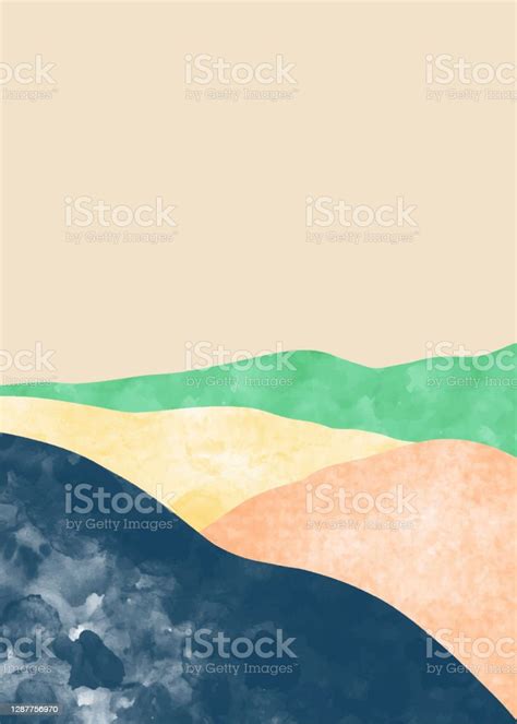 추상적인 산악 풍경 자연 경관 배경 미니멀 한 디자인 벽 장식 엽서 또는 브로셔 디자인에 대한 추상적인 물 색vector 일러스트레이션 거친에 대한 스톡 벡터 아트 및 기타