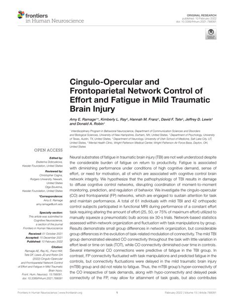 Pdf Cingulo Opercular And Frontoparietal Network Control Of Effort And Fatigue In Mild