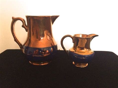 Pair Of Antique English Copper Lustre Luster Pitchers With Dark Blue