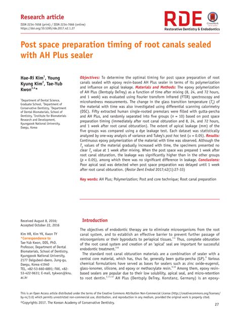Pdf Post Space Preparation Timing Of Root Canals Sealed With Ah Plus Sealer