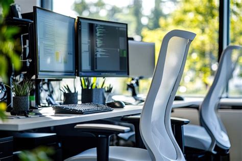 Modern Office Workspace With Dual Monitors And Plants Premium Ai