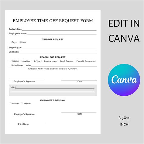 Employee Time Off Request Canva Template Editable Vacation Request