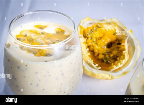 Passion Fruit Mousse In A Glass Bowl With Passion Fruit In The