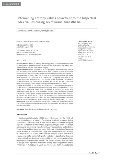 Pdf Clinical Research Determining Entropy Values Equivalent To The Bispectral Index Values