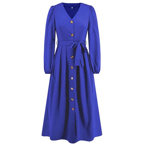 Dvkovi Womens Solid Color V Neck Belted Slim Fit Dress Long Sleeve