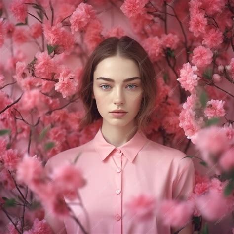 Premium Ai Image A Beautiful Girl In Pink Flowers In Pink Dress