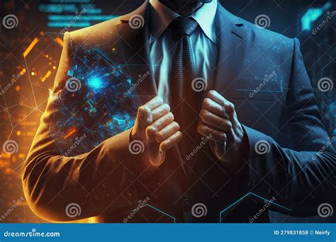 Man Using Artificial Hands To Manipulate Digital Data Stock
