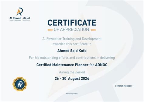 Certificate Of Appreciation For Conducting The Certified Maintenance Planner Course Ahmed