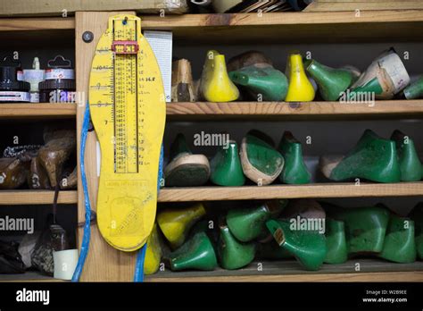 A Measurement Tool Gauge To Measure Foot Size And Stacks Of Shoe Trees In The Background Stock