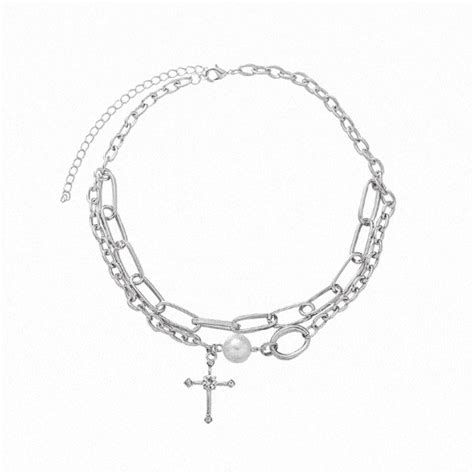 Cross Pearl Silver Chain Layered Necklace 진주 십자가 크로스 체인 레이어드 목걸이 에이블리