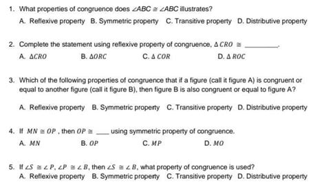 Solved What Properties Of Congruence Does ABC ABC Illustrates A Reflexive Property B