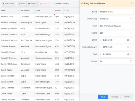 Bryntum Grid Row Edit Demo