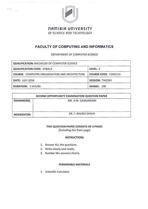 Computer Organisation And Architecture Past Examination Paper Exams Computer Architecture And