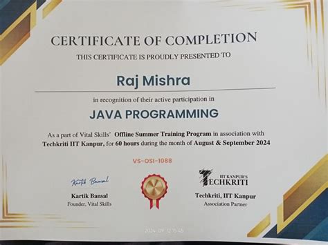 Completed Java Programming Course At Techkriti Iit Kanpur Raj Mishra