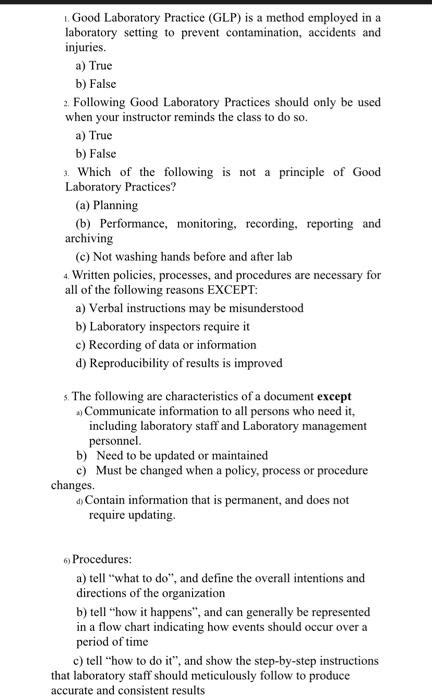 Solved 1 Good Laboratory Practice Glp Is A Method