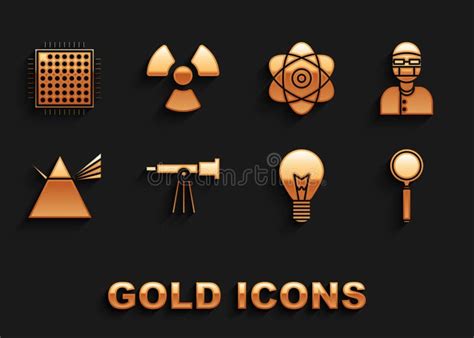 Set Telescope Assistant Magnifying Glass Light Bulb With Concept Of Idea Rays Prism Atom