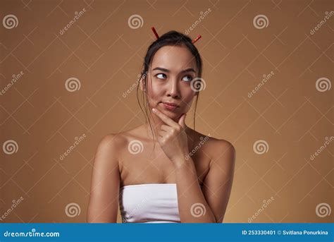Chinese Or Korean Girl Thinking About Something Stock Image Image Of