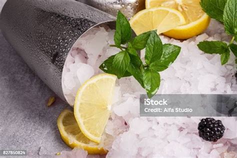 회색 배경에 금속 통에 흰색 차가운 얼음의 최고 보기 함께 얼음 잘라 새 콤 레몬 블랙베리와 민트 잎 0명에 대한 스톡 사진 및 기타 이미지 Istock