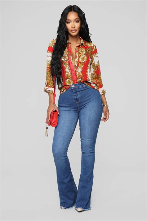 Rover Printed Button Shirt Red Combo Fashion Nova Shirts And Blouses