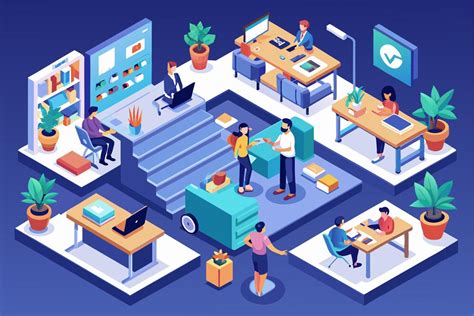 A Vibrant Workspace Layout Shows Individuals Collaborating Working And Interacting In Various