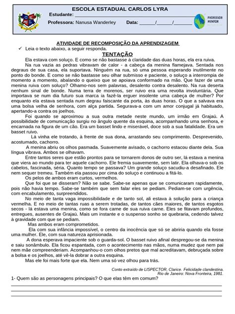 Atividade De Recomposição Da Aprendizagem Pdf