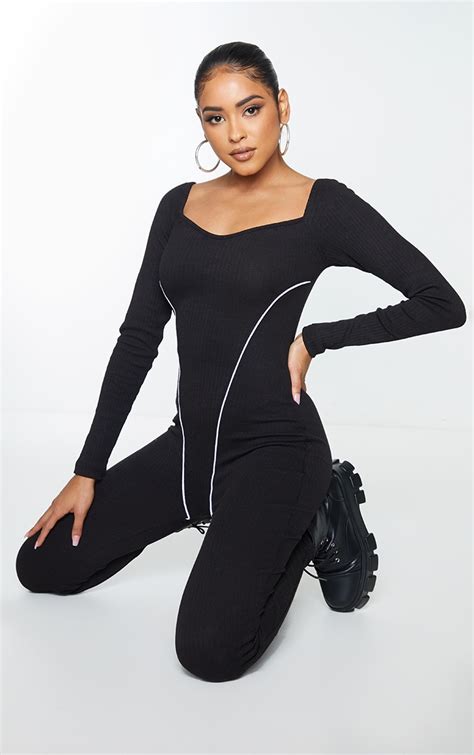 Black Thick Rib Contrast Seam Detail Jumpsuit Prettylittlething