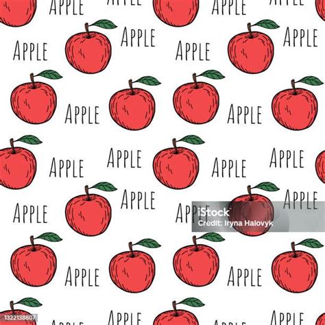 손으로 그린 사과와 사과 표지판과 원활한 패턴 흰색 배경에 녹색 잎이있는 붉은 사과 벡터 일러스트레이션 건강한 식생활에 대한 스톡 벡터 아트 및 기타 이미지 Istock